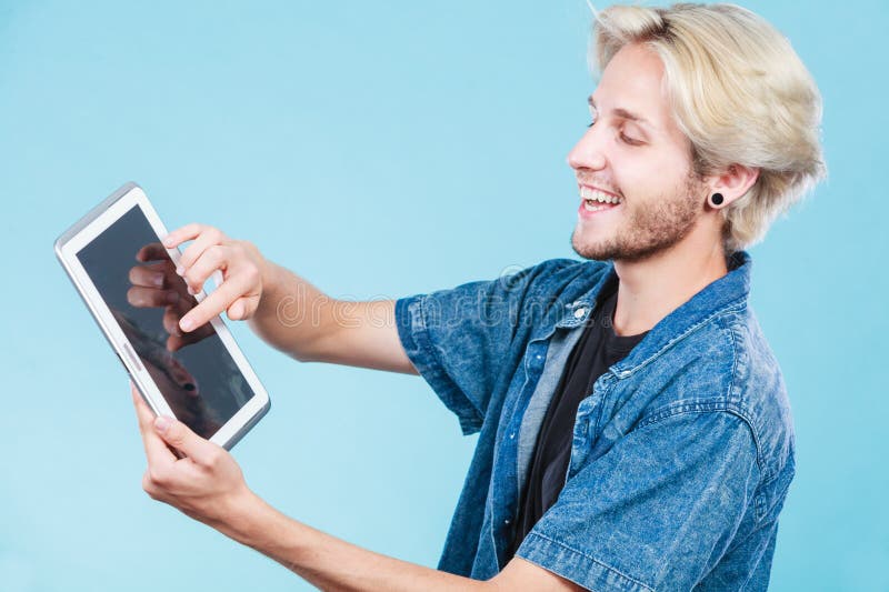 Trendy Young Guy Using Tablet Computer Stock Image - Image of digit ...