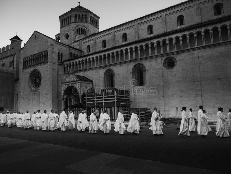 Priests Dressed in White in Procession on the Square of the Cathedral ...