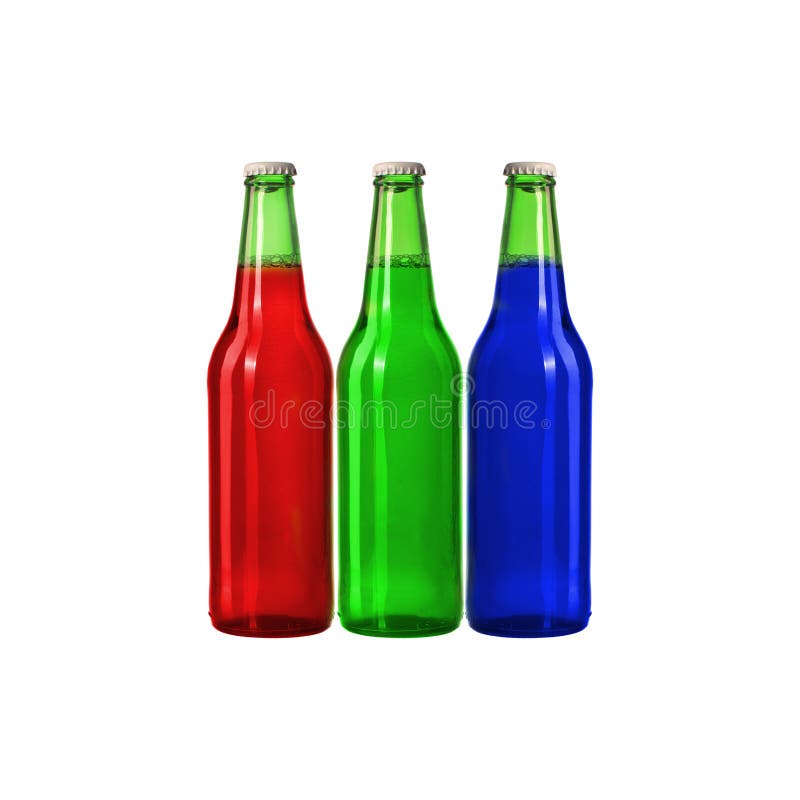 Tres botellas coloridas foto de archivo. Imagen de azul - 128255484