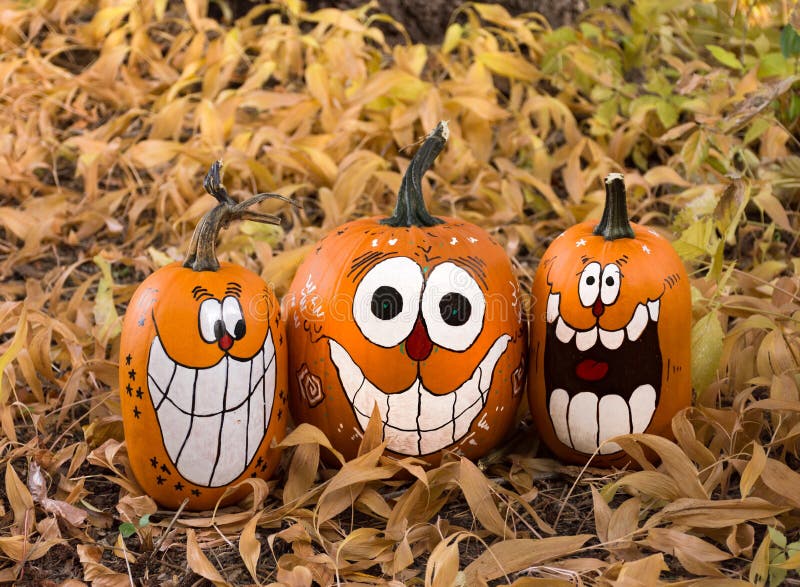 Tres Calabazas Pintadas De Halloween Entre Las Hojas Y Las Piedras ...