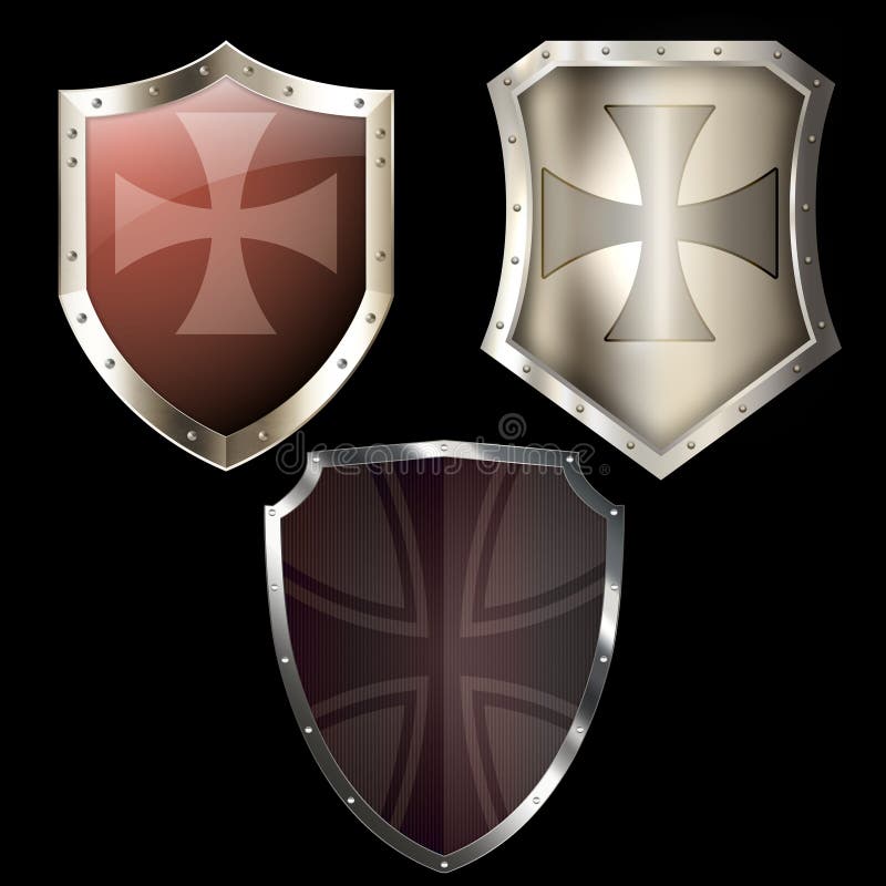 Tres Escudos Medievales En Fondo Negro Stock De Ilustración