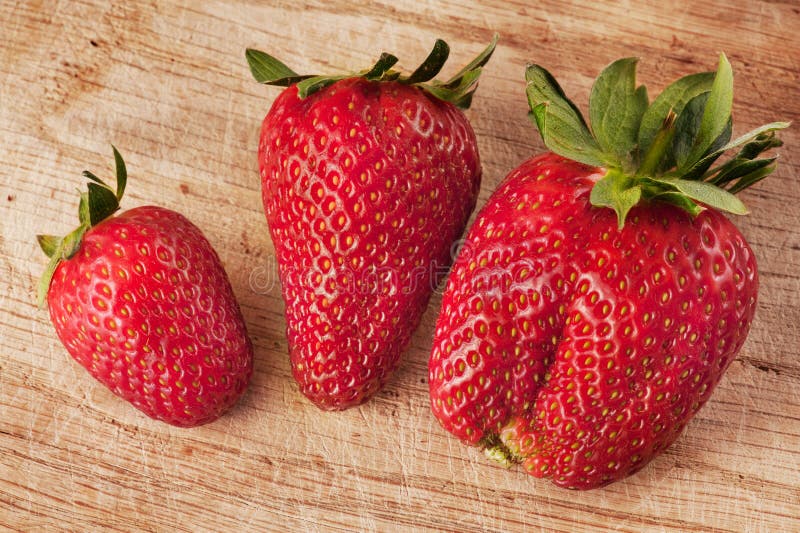 Tres Fresas De Diferentes Formas. Foto de archivo - Imagen de verde ...