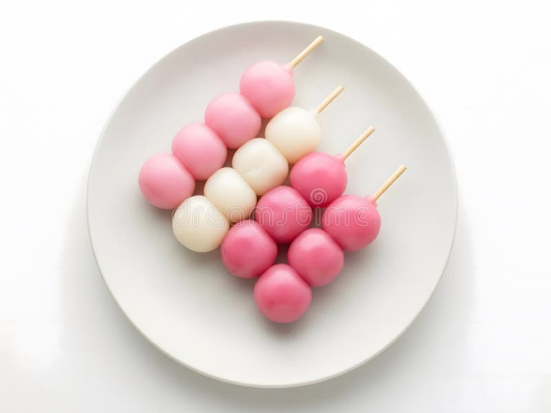 Tri-colored Dango Mochi Skewers on a White Plate Stock Photo - Image of ...