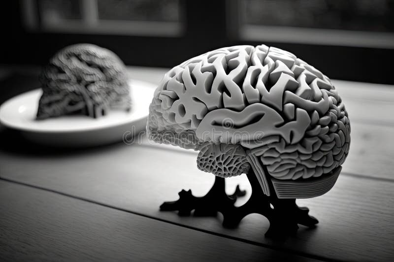 Tri-dimensional Model of Human Brain in Black and White Color on Table ...