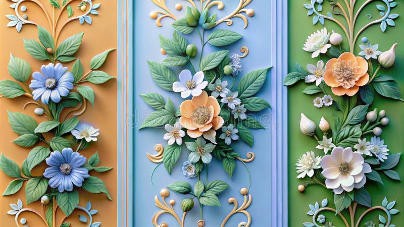 Tri-Panel Floral Bas-Relief Pastel Blooms and Gold Accents Stock ...
