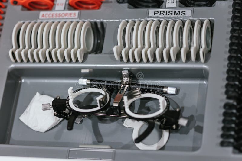 Trial Frame Lying in Optometrist Drawer with Test Lenses Stock Image ...