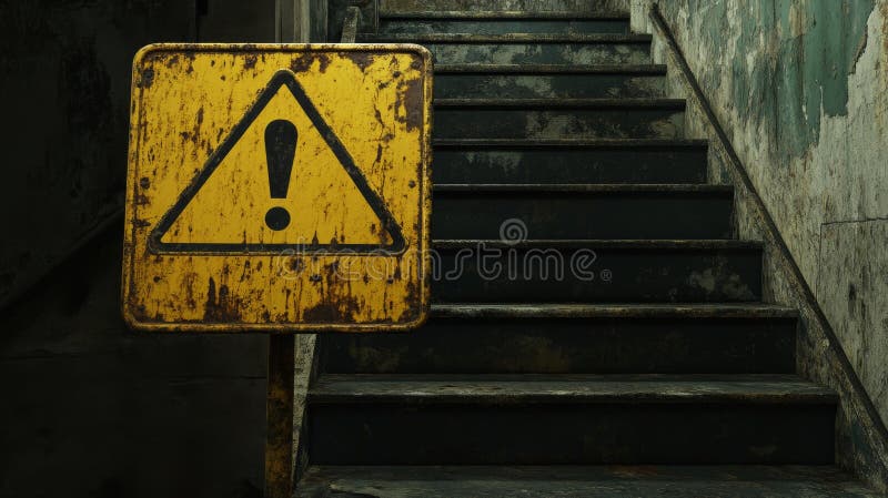 Triangle Caution Sign on Dilapidated Staircase Stock Image - Image of ...
