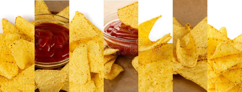 Triangle Corn Chips Food Collage, Various Mexican Nachos Chips Stock ...