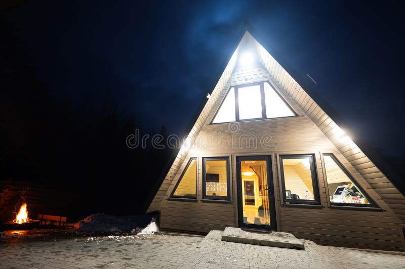 Triangle Country House at Night with Smoke from Bonfire Stock Photo ...