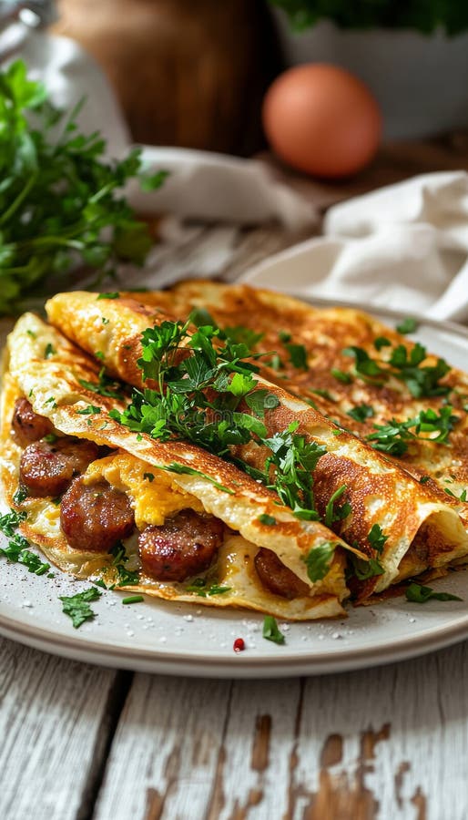 Triangle Crepe Stuffed with Egg, Sausage, and Cheese, Garnished with ...
