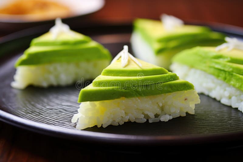 Triangle-cut Avocado Over Rice Cake on an Aluminum Plate Stock Photo ...