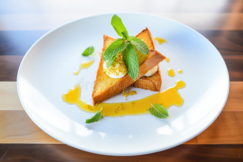 Triangle-cut French Toast with Honey and a Mint Leaf Stock Image ...