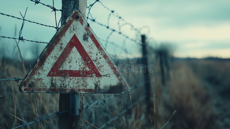 Triangle Hazard Sign Barbed Wire Fence Field Caution Warning Blank ...