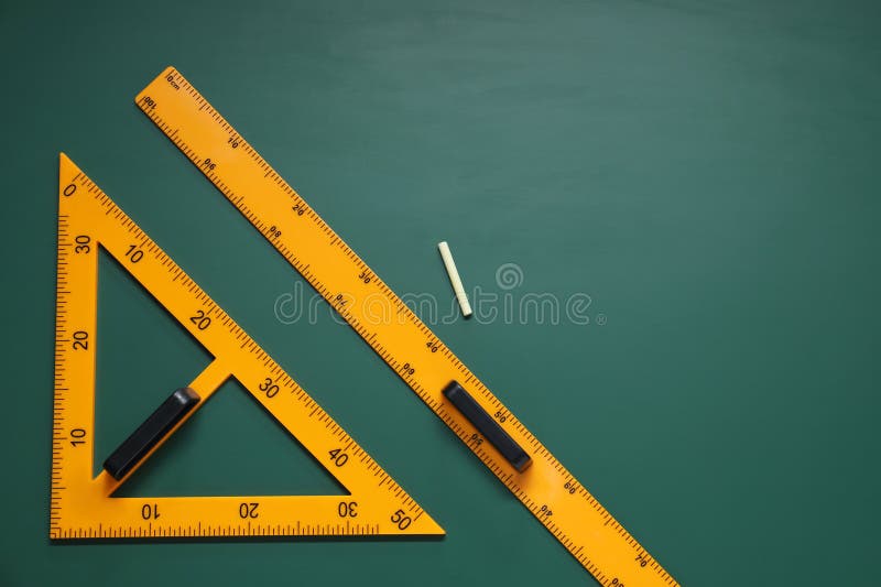 Triangle, Ruler and Chalk on Green Chalkboard, Flat Lay. Space for Text ...