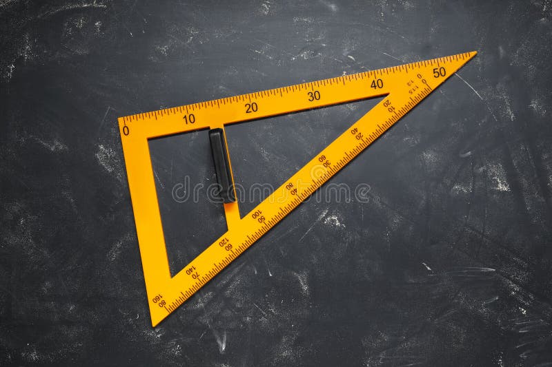 Triangle Ruler with Measuring Length Markings on Blackboard, Top View ...