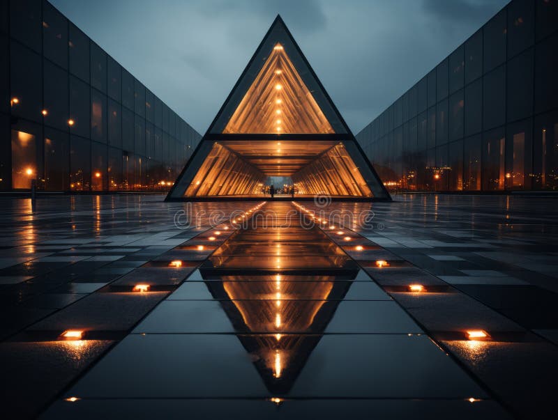 A Triangle Shaped Building with Lights on it at Night Stock ...