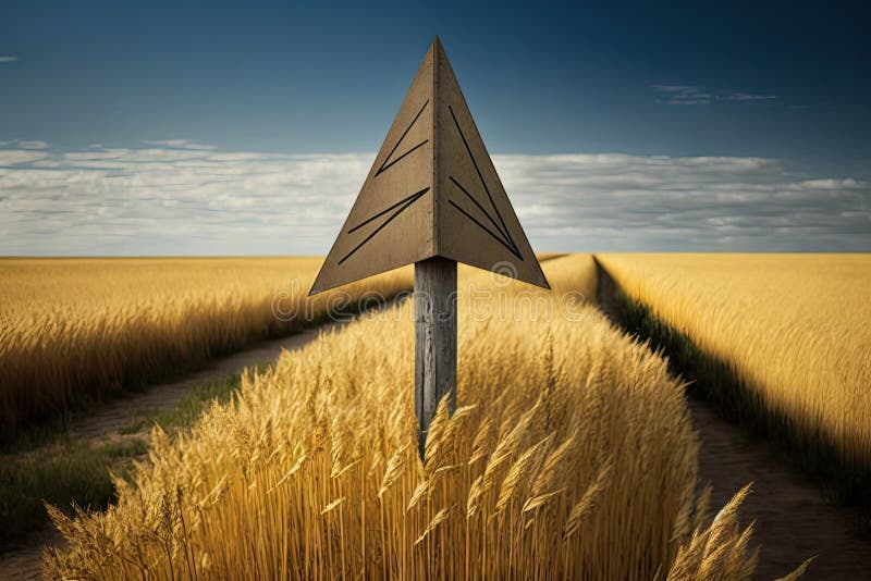 Triangle-shaped Directional Sign Post in Field of Tall Grass Stock ...