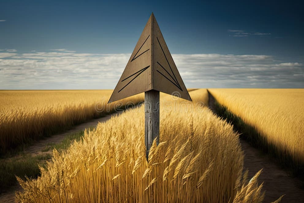 Triangle-shaped Directional Sign Post in Field of Tall Grass Stock ...