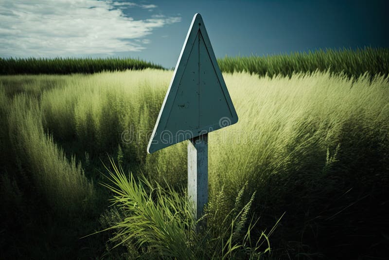 Triangle-shaped Directional Sign Post in Field of Tall Grass Stock ...