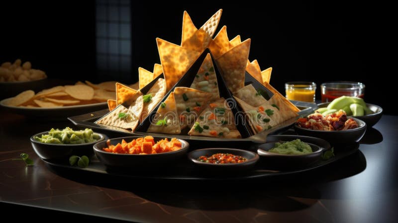Triangle-Shaped Tortilla Chips with Various Dips Stock Illustration ...