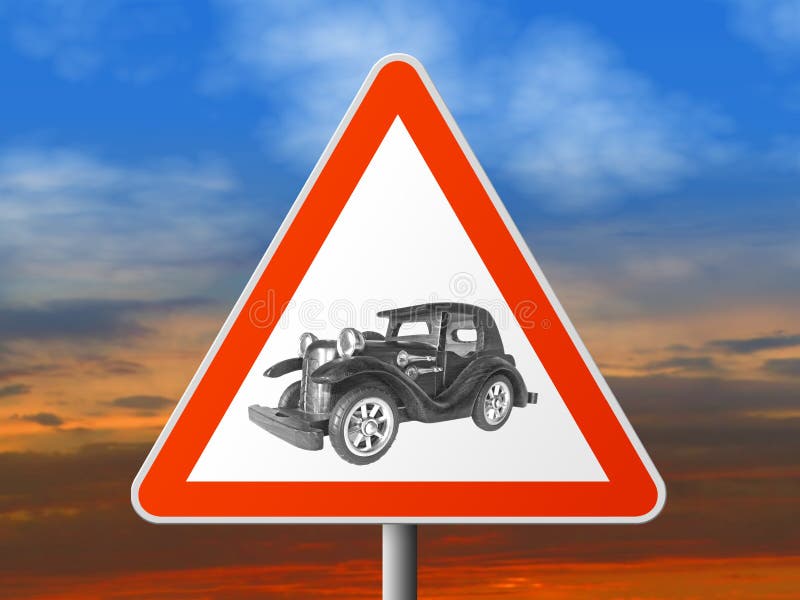 Triangle Sign with Vintage Car Stock Image - Image of cloud, direction ...