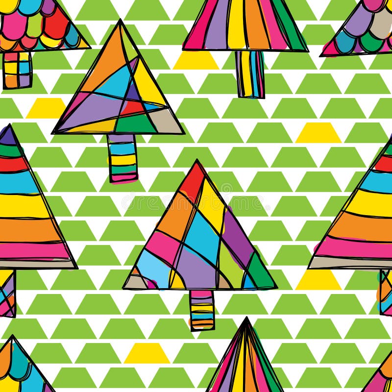 Triangle Tree Free Drawing Green Yellow White Style Seamless Pattern ...