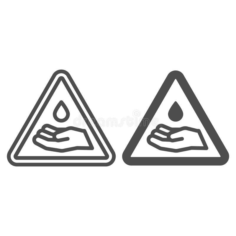 Triangle Warning with Drop and Hand Line and Solid Icon, Danger Liquid ...