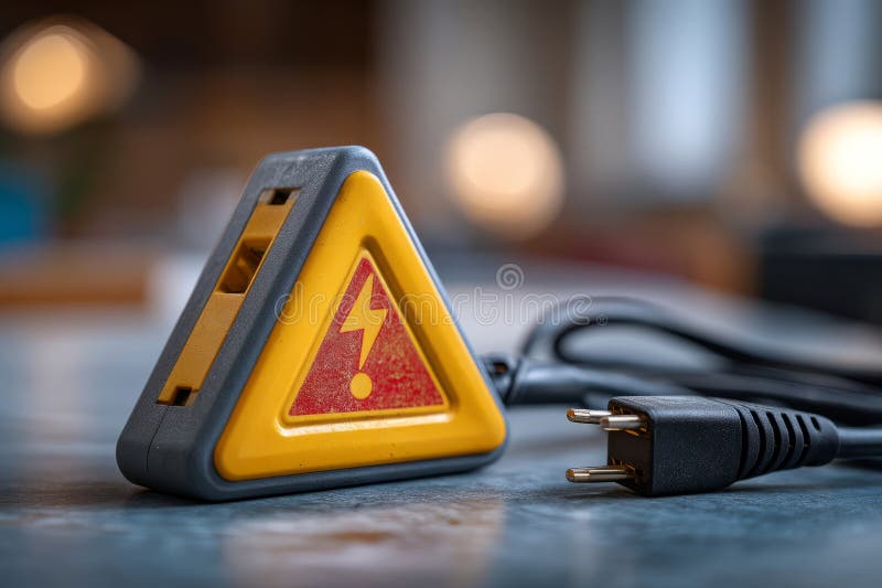 Triangle Warning Sign for Electrical Hazard with Plug on Table Surface ...