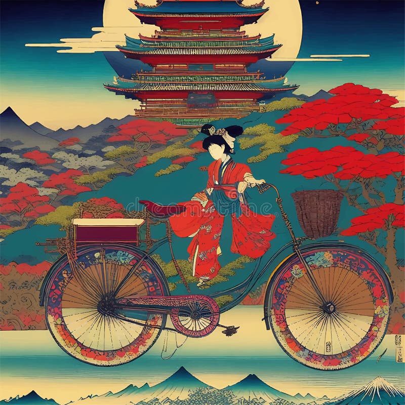 Abstract Painting Illustration of Japanese Lady on a Bicycle Vector ...
