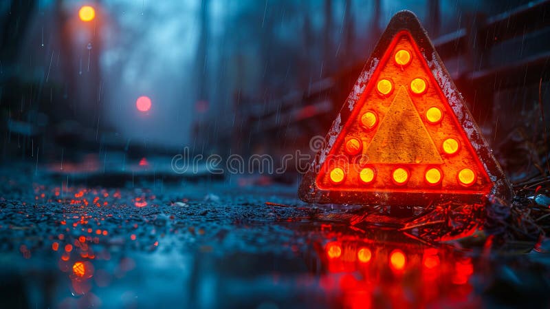 A Triangle Warning Sign on the Road in the Rain Stock Photo - Image of ...