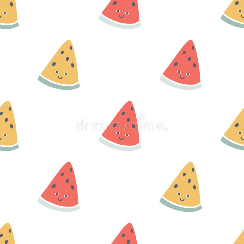 Triangle Watermelon Character Seamless Pattern with Smiley Face. Hand ...