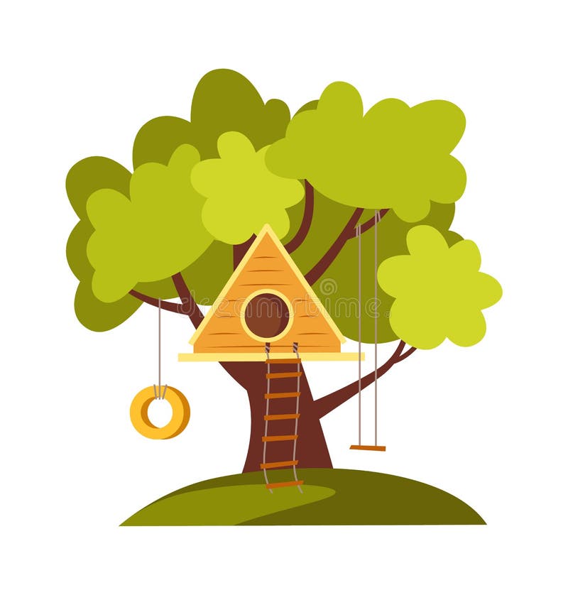 Triangle Wooden Tree House with Swing Flat Icon Stock Vector ...