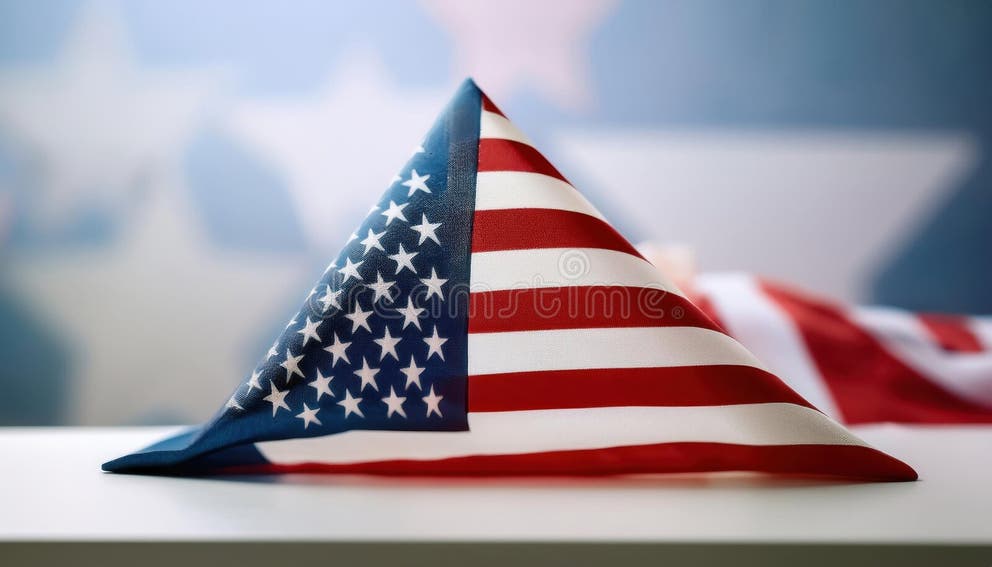 Triangular American Flag Displayed on a Clean White Table at a ...