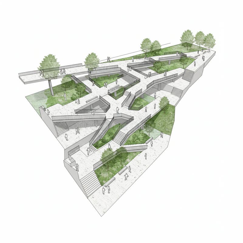 Triangular Architectural Rendering Depicting a Multi-level, Terraced ...