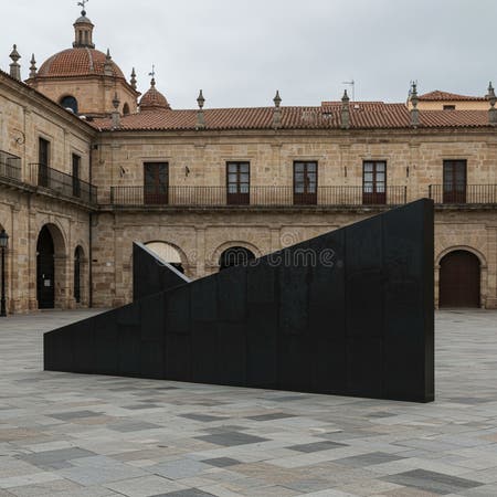 Triangular Black Metal Sculpture Set in a Cobblestone Plaza. the ...