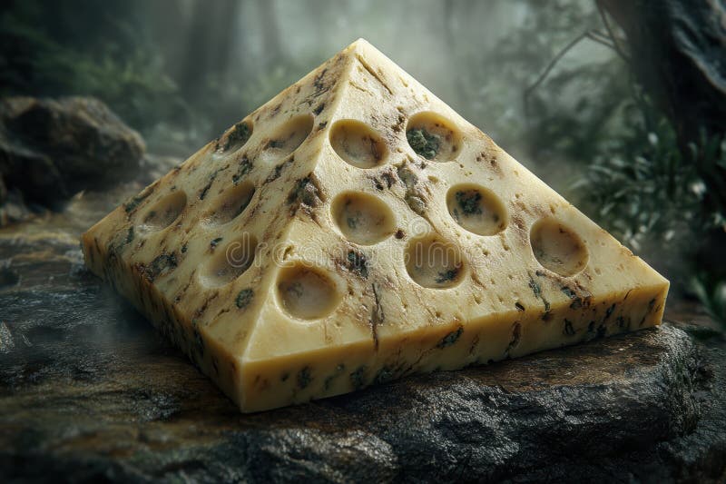 Triangular Cheese Block with Holes in a Forest Environment Showcasing ...