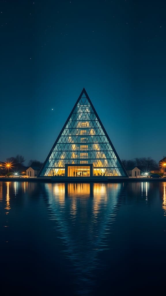 A Triangular Building Reflected in Water Under a Night Sky Stock ...