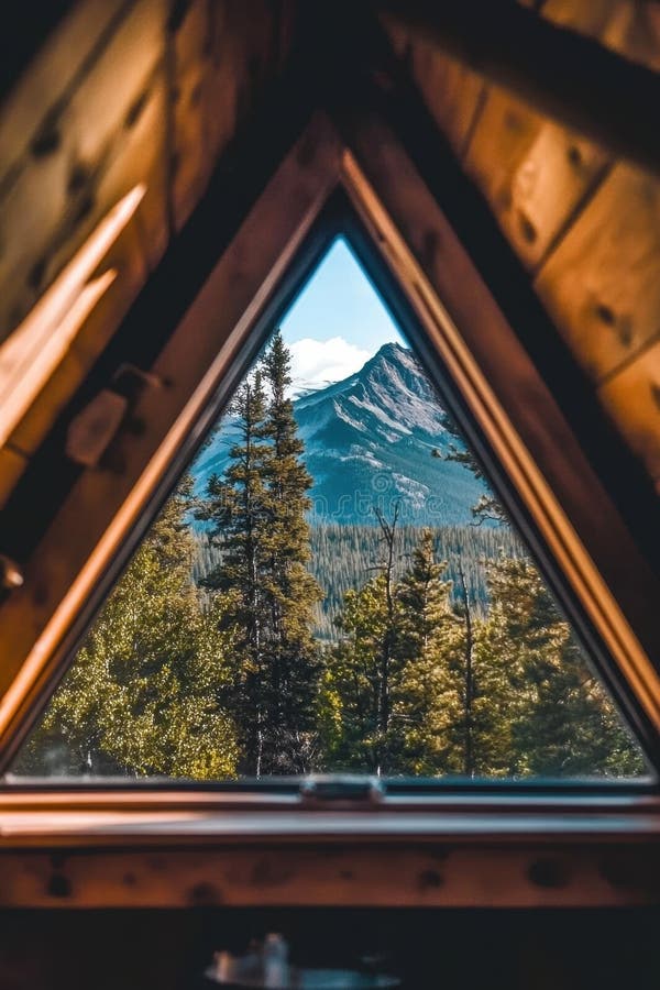 Triangular Cabin Window Framing Mountain and Forest Views in Rustic ...