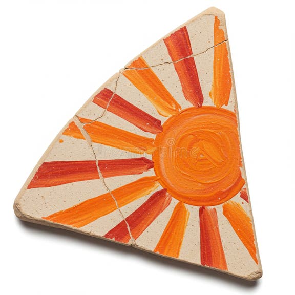 Triangular Ceramic Shard Featuring a Painted Sun Design. the Sun is Depicted in Vibrant Stock ...