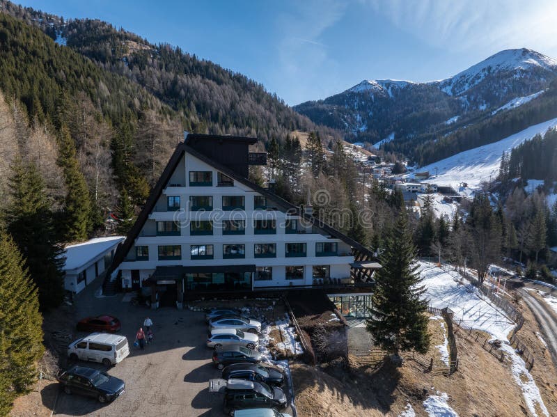 Triangular Chalet Style Hotel in Snowy Alpine Mountain Setting Stock ...