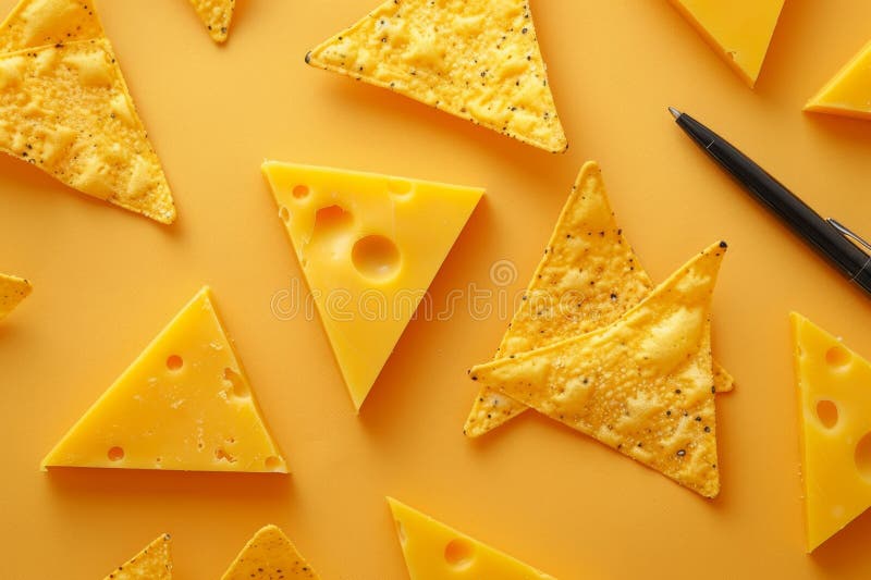 Triangular Cheese Slices Alongside Nacho Chips on a Yellow Background ...