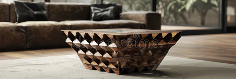 A Triangular Coffee Table with Interlocking Wooden Panels Stock Photo ...