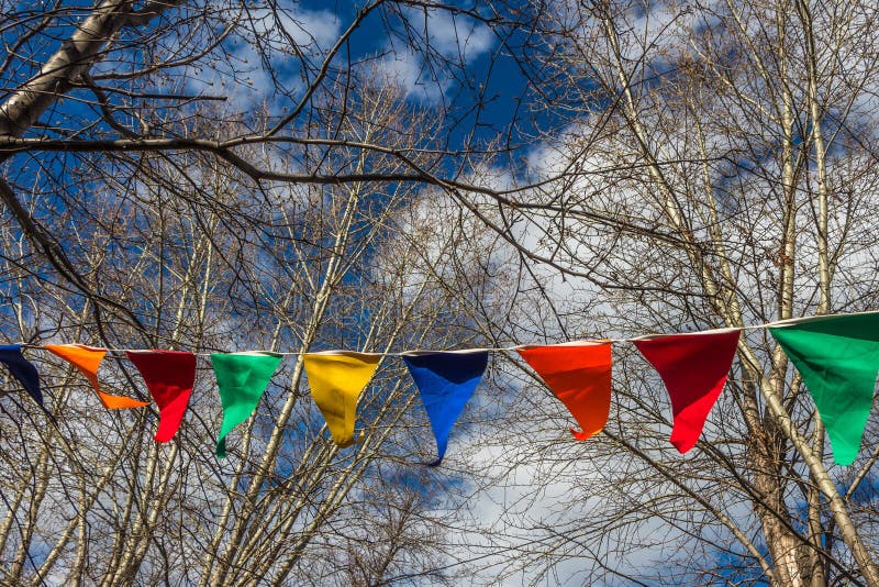 The Triangular Colored Flags Hang on a White Rope between the Branches ...