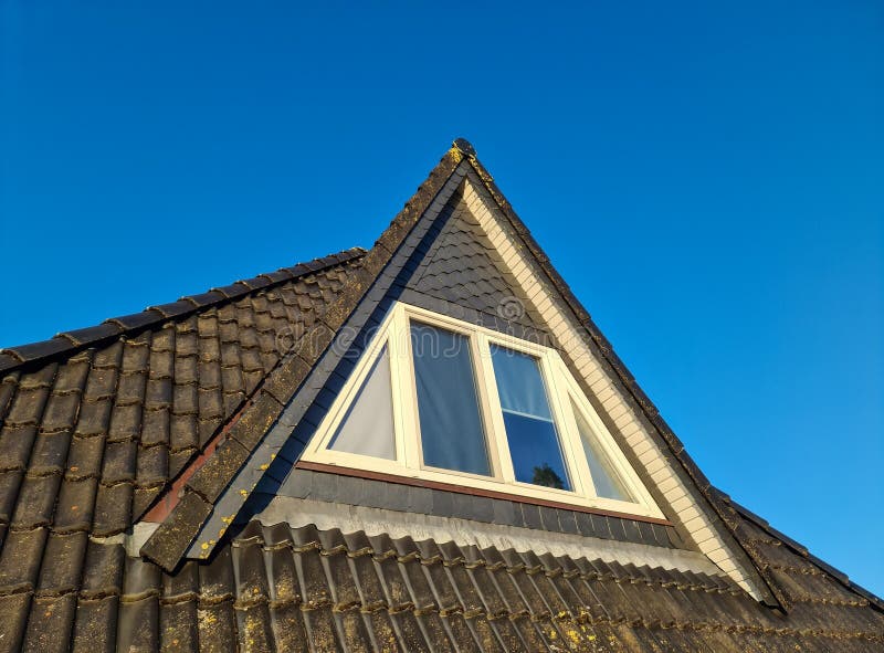 Triangular Dormer Window Tiled Roof Against Blue Sky Stock Photos ...