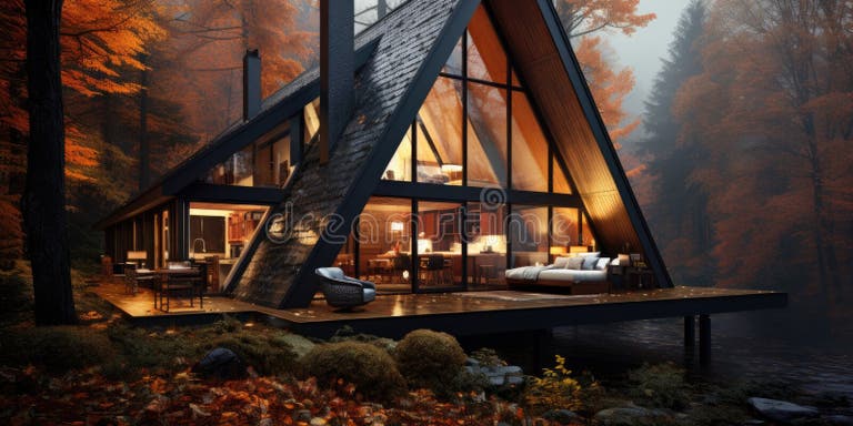 Triangular Frame House in the Autumn Forest. Prefabricated Structures ...