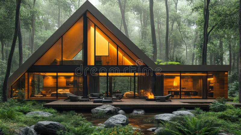 Triangular Glass Cabin in a Forest Setting, Glowing Warmly in Natural ...