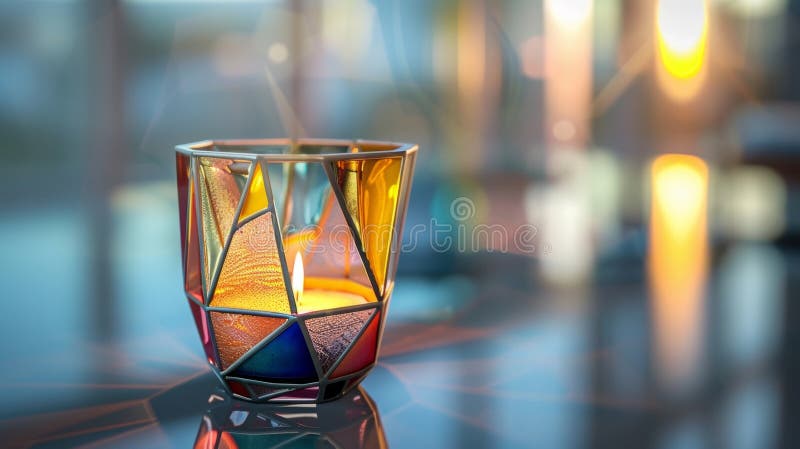 Triangular Glass Candle Holder with a Mosaic of Geometric Patterns ...