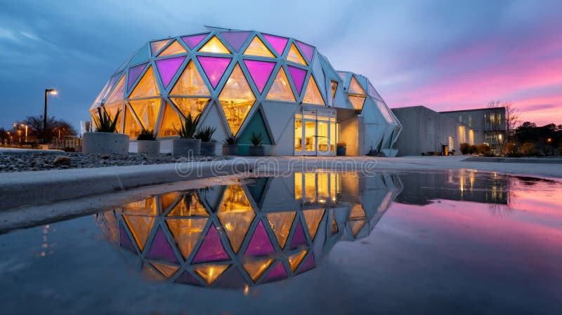 Triangular Glass Dome Building Reflecting Sunset Colors and Lights in ...