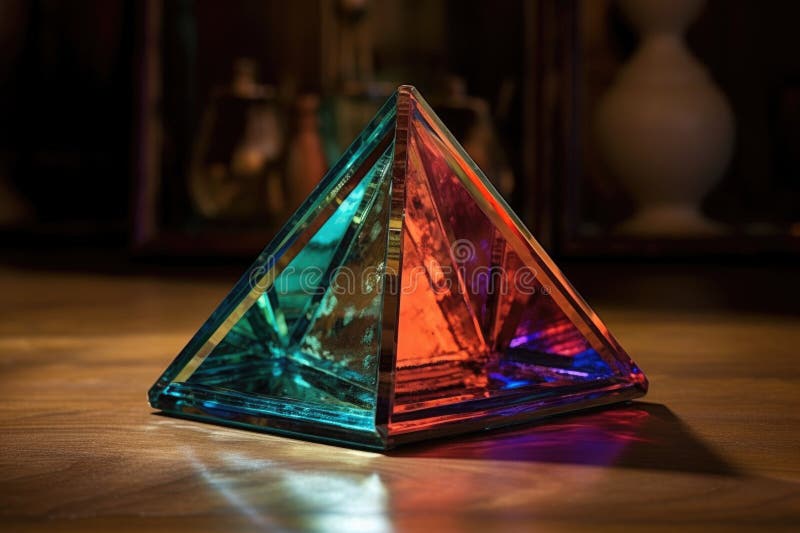 Triangular Glass Prism Reflecting Vibrant Colors on Dark Table Stock ...