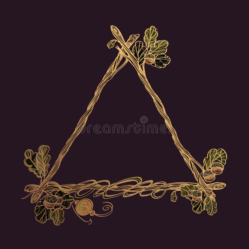 Triangular Golden Frame of Oak Branches with Leaves. Decorative Element ...